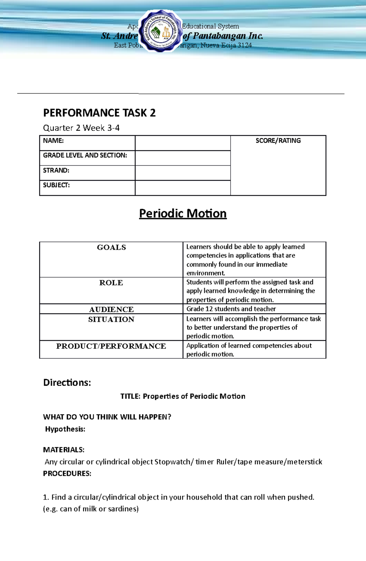 Physics Performance Task: Exploring Properties of Periodic Motion - Studocu