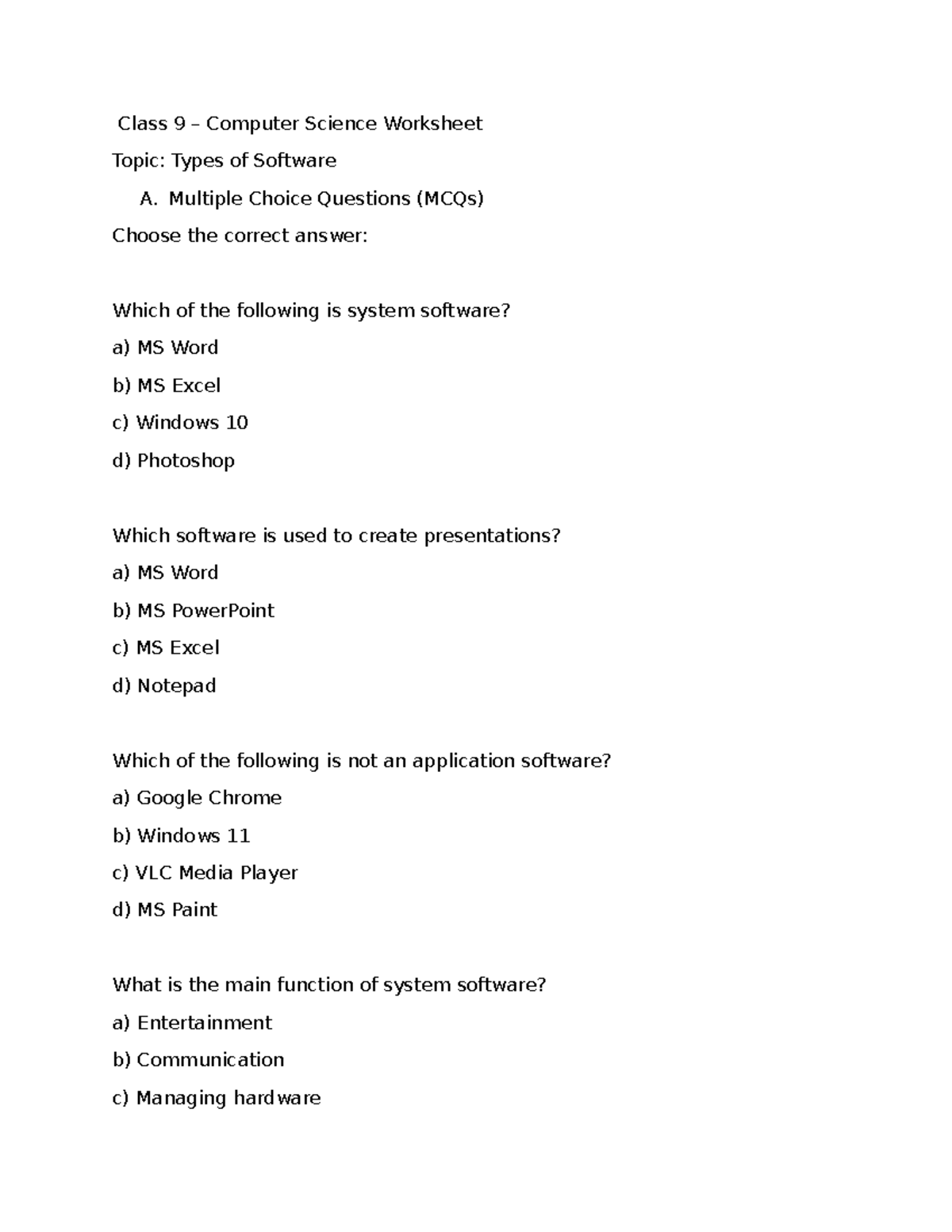Class 9 Computer Science Worksheet: Types of Software MCQs & More - Studocu