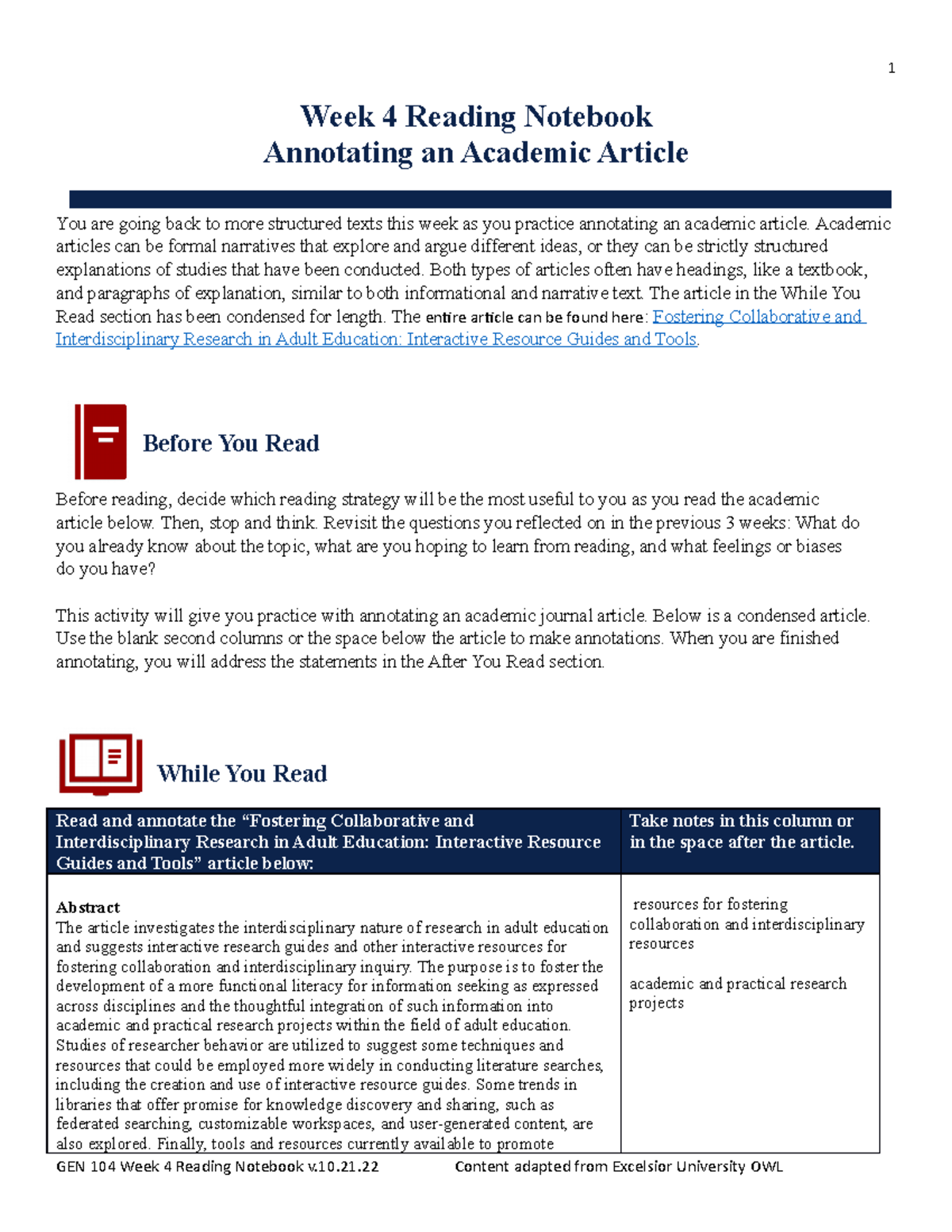 Week 4 Reading Notebook 11 - Week 4 Reading Notebook Annotating an Academic Article You are ...