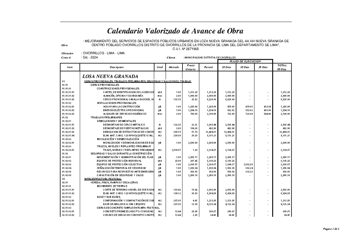 Calendario Valorizado de Avance de Obra - Loza Nueva Granada - Studocu