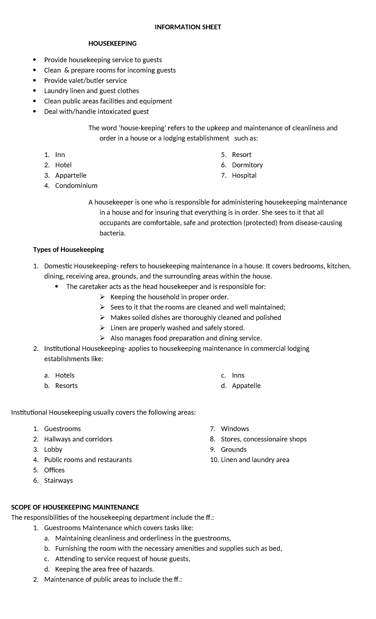 Housekeeping Info Sheet: Roles, Responsibilities & Services Overview ...