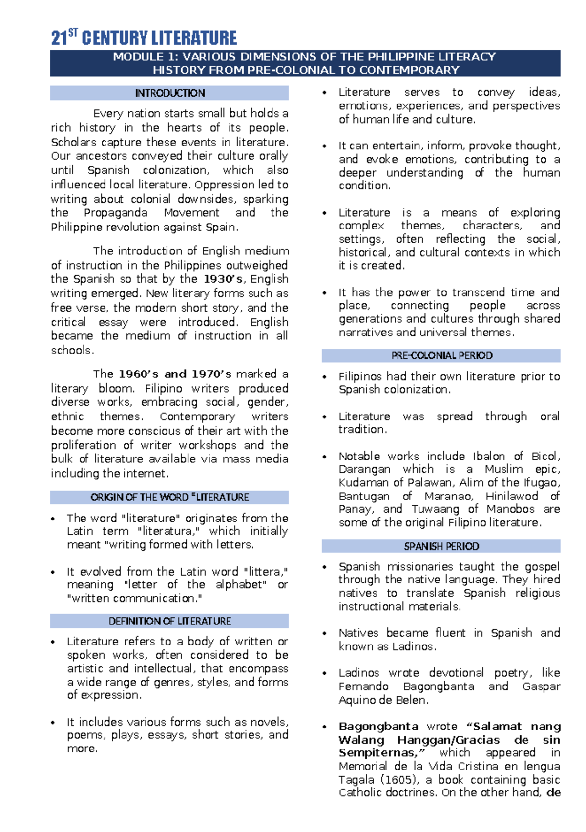 Grade 12: 21st Century Philippine Literature & Class Notes - Studocu
