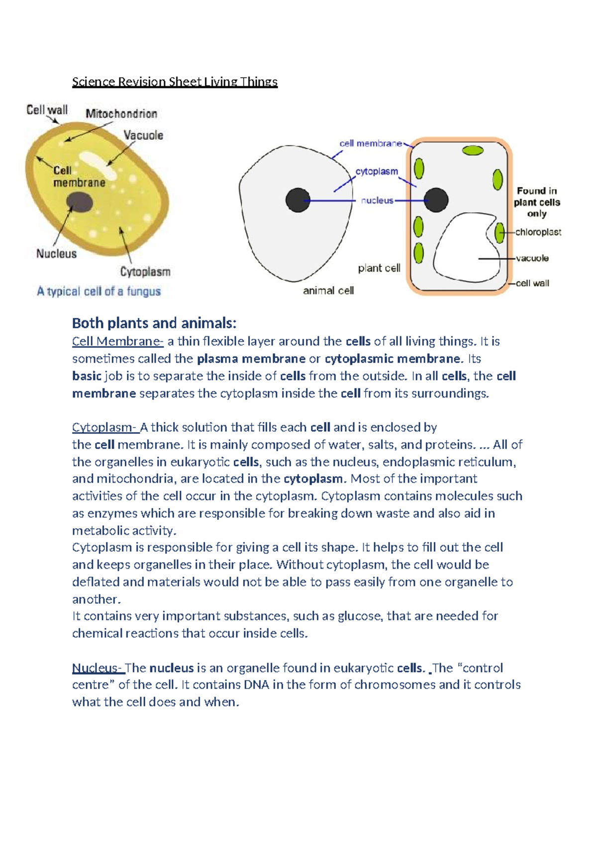 Science Revision Sheet: Living Things - Cells & Organelles - Studocu