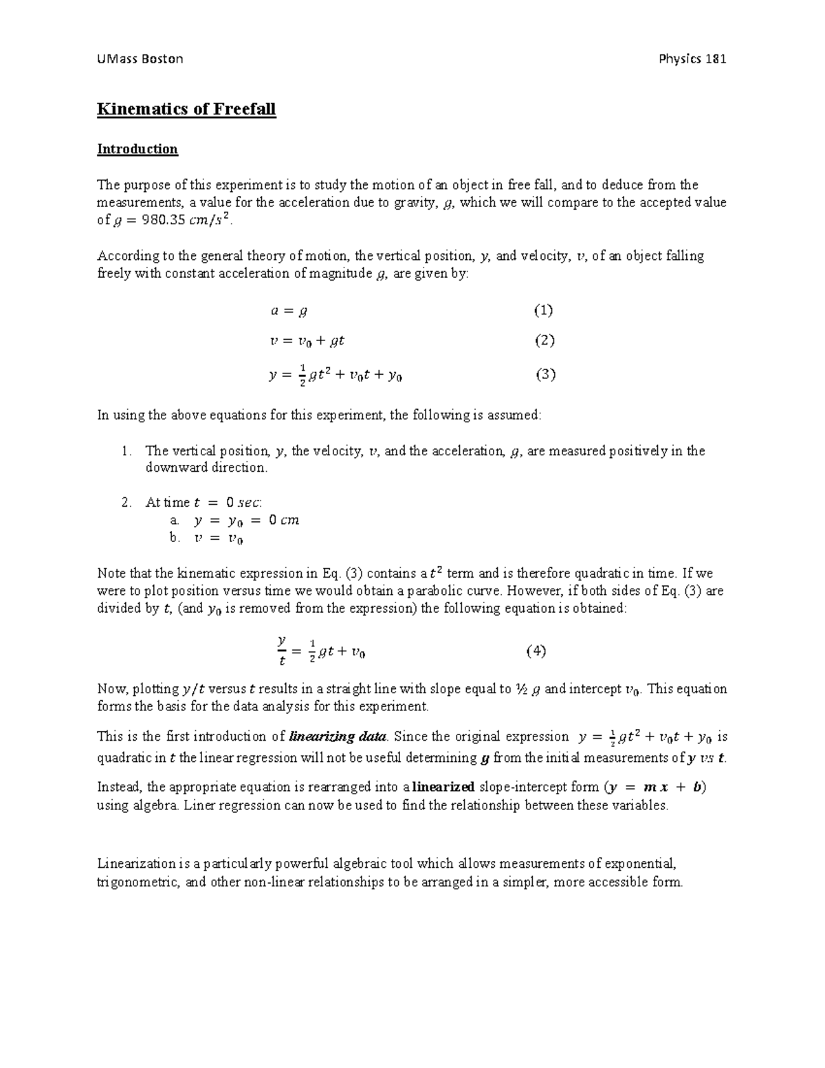 Physics 181 UMass Boston: Kinematics of Freefall Experiment - Studocu