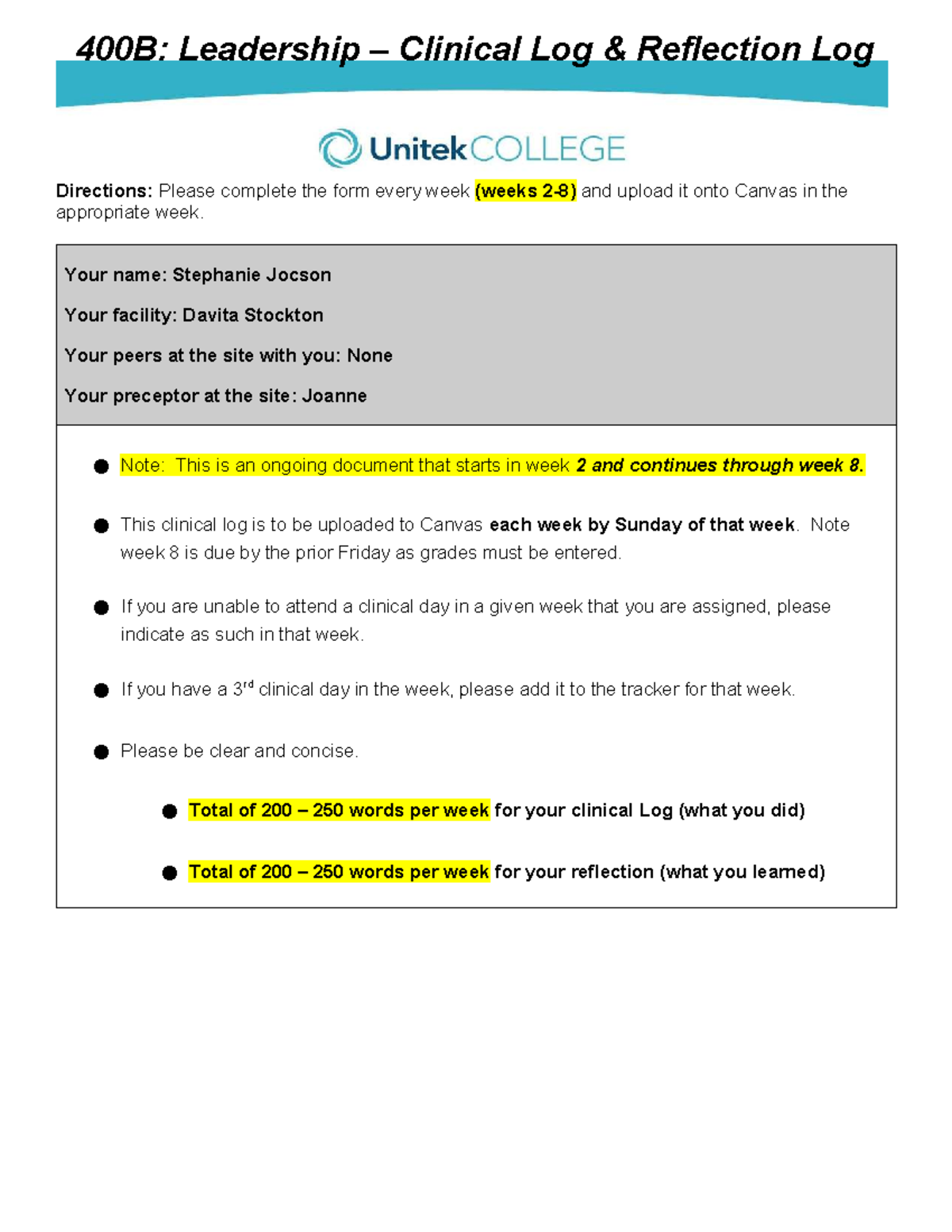 400B: Weekly Clinical Log Reflection (Weeks 2-8) - Studocu