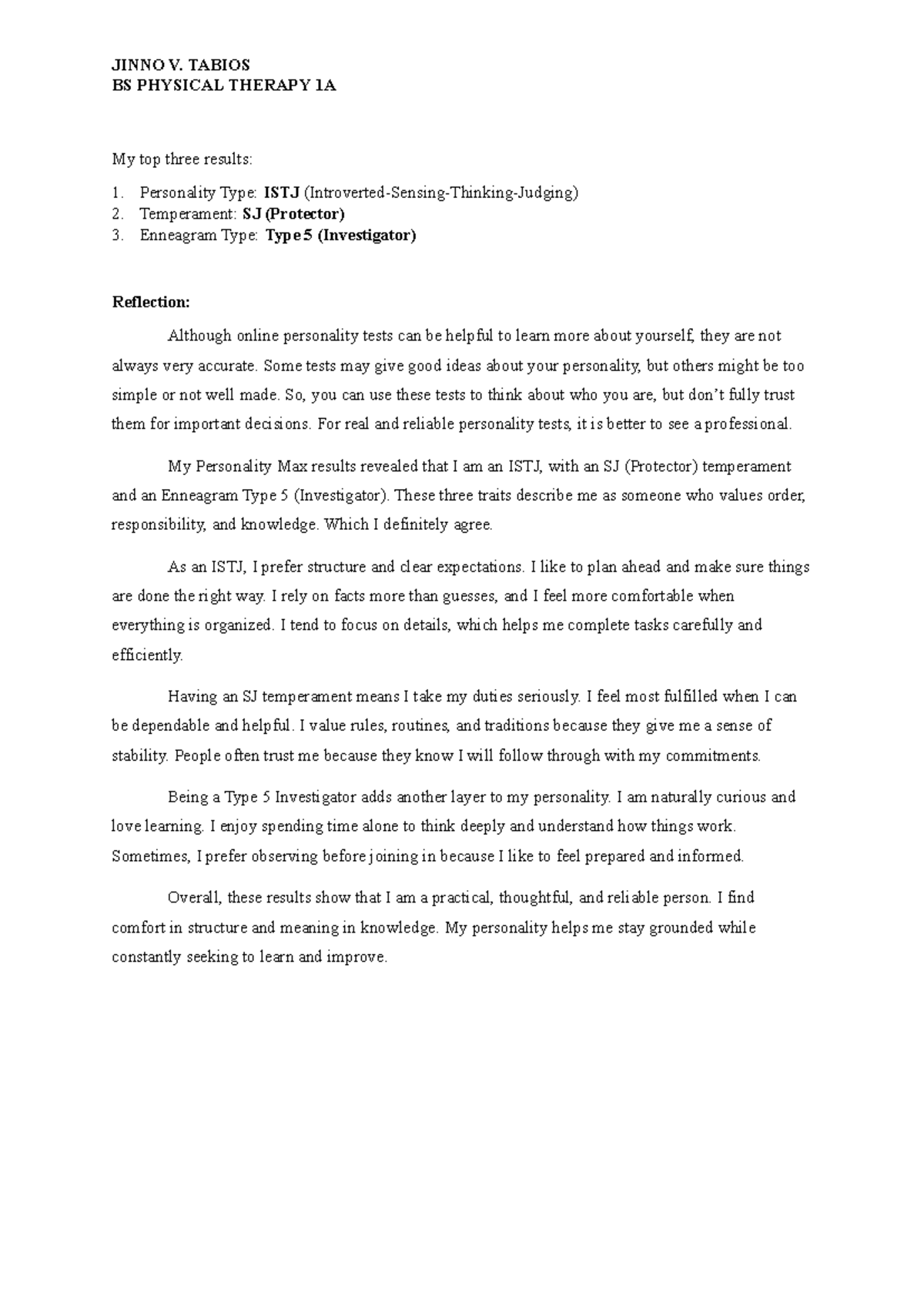 UTS BS Physical Therapy 1A: Personality Reflection & Insights - Studocu