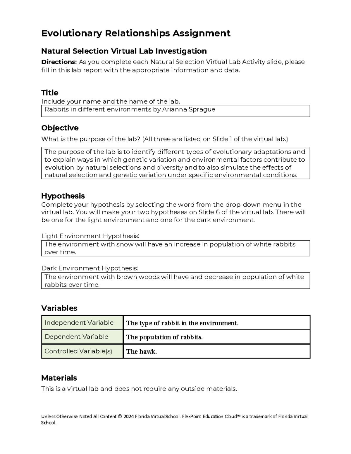 Evolutionary Relationships Assignment: Natural Selection Lab (05 02