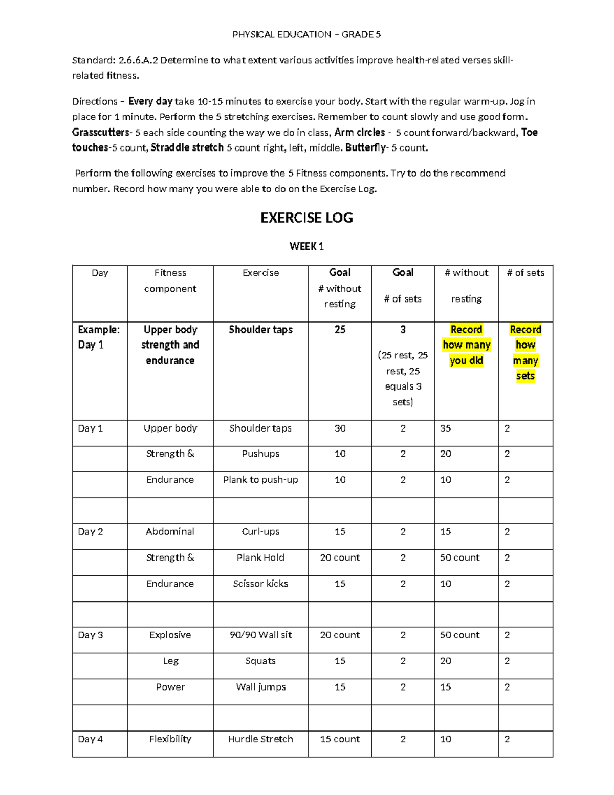 - Grade 5 Fitness - PHYSICAL EDUCATION – GRADE 5 Standard: 2.6.6.A ...