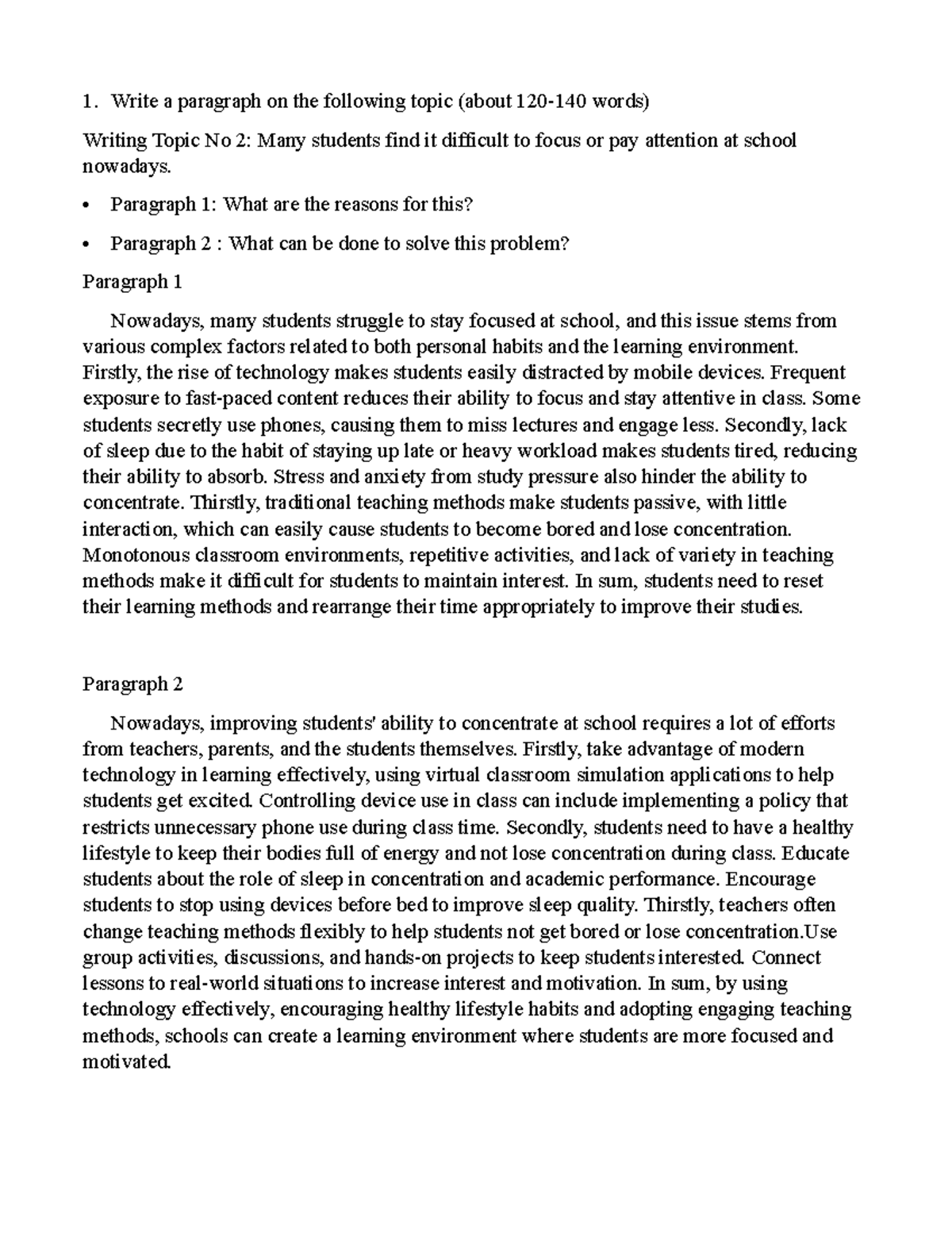 Writing 2 - B1.2 - 1. Write a paragraph on the following topic (about ...