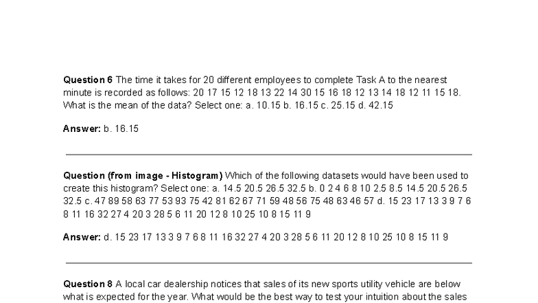 Statistics Quiz Questions and Answers (Course Code: STAT101) - Studocu