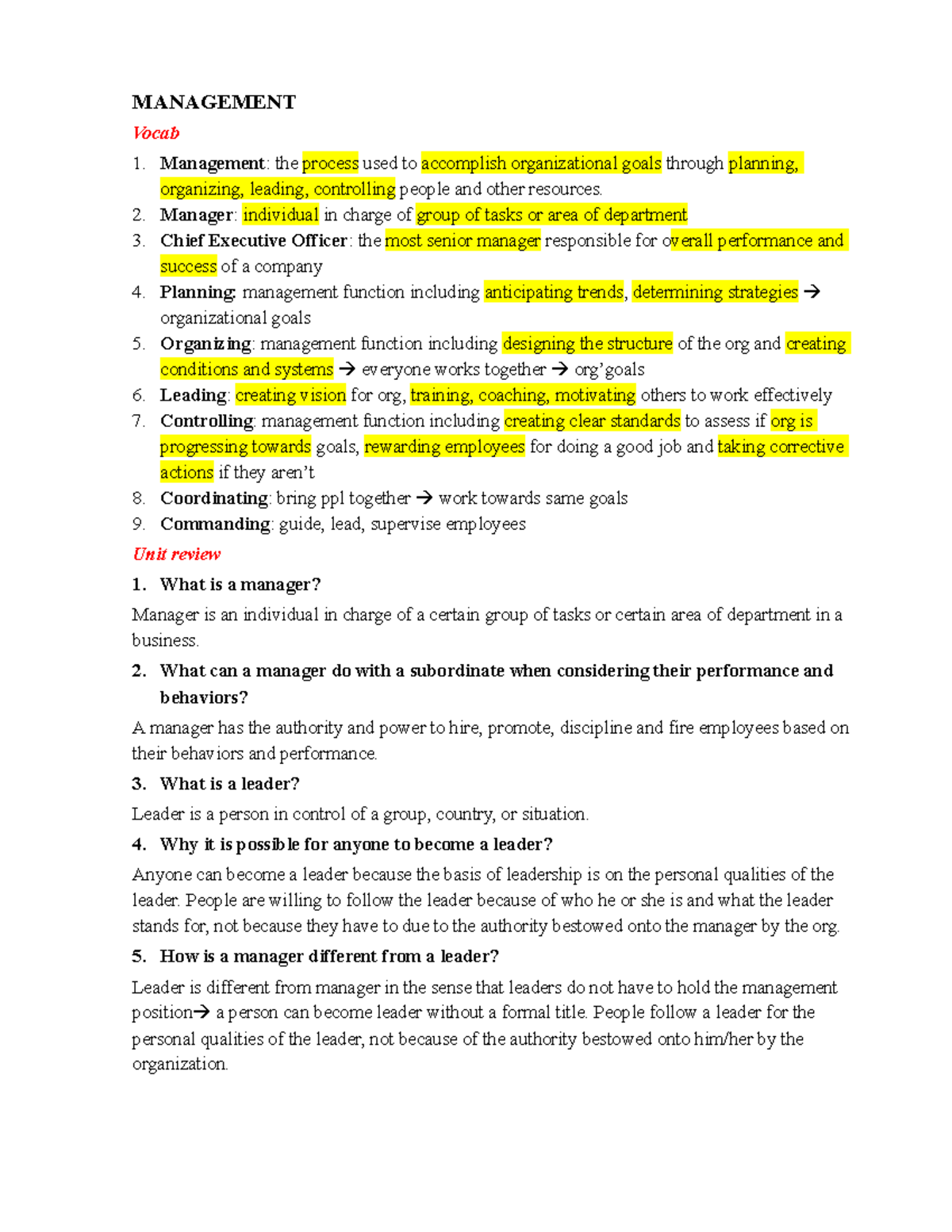 ESP111 Final - Comprehensive Summary of Key Management Terms and ...