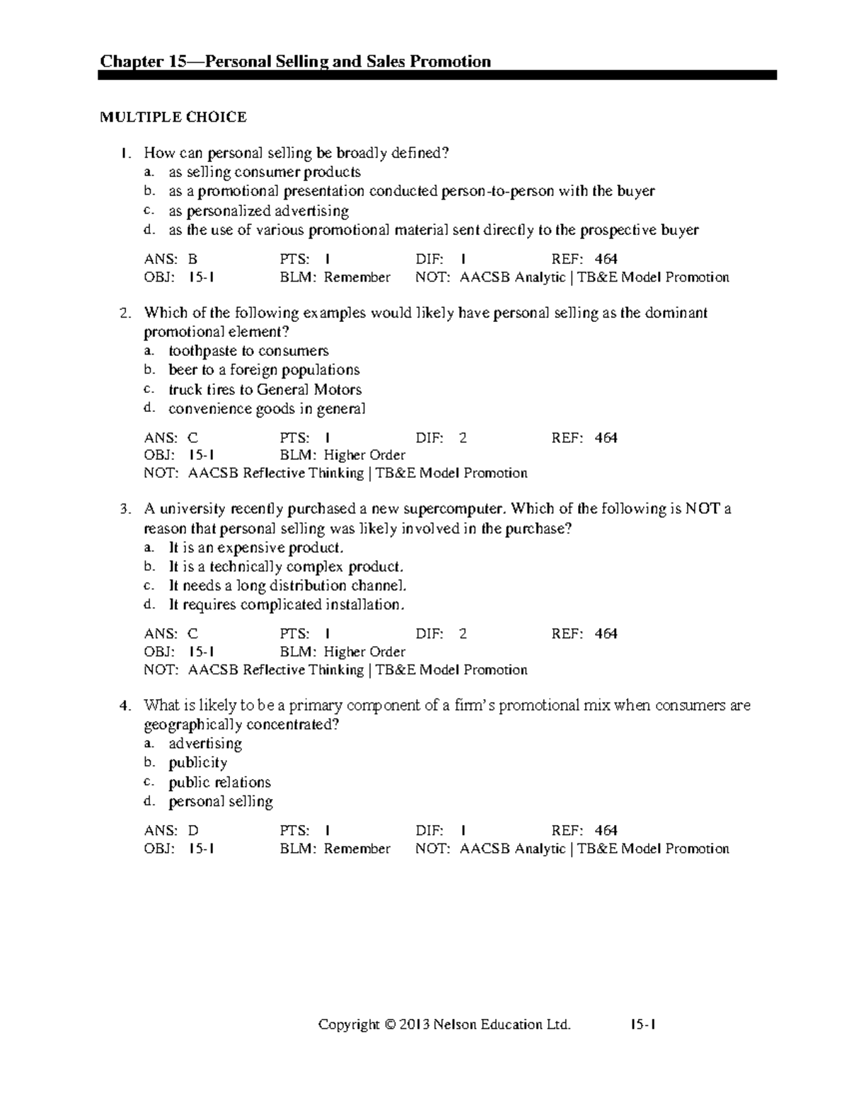 Chapter 15 - Sales Promotion and Personal Selling Test Bank - Studocu