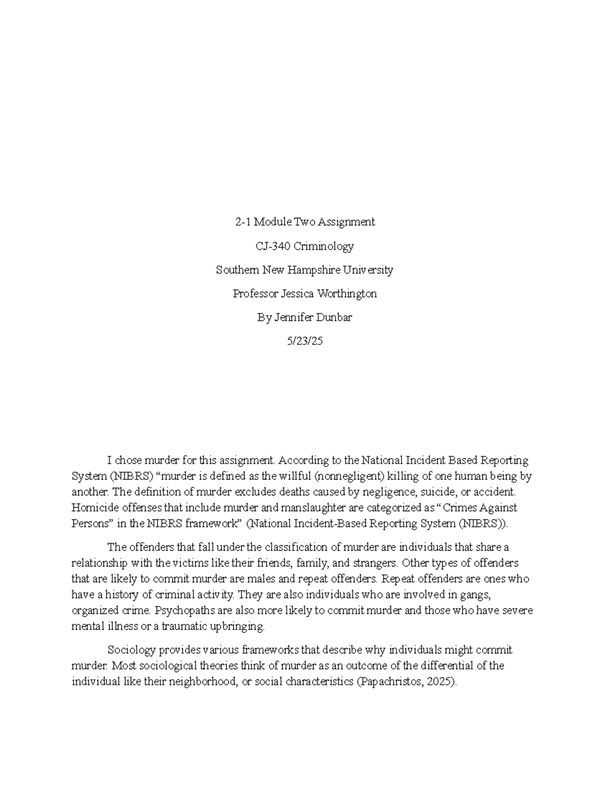 CJ340 Module 2 Assignment: Understanding Murder in Criminology - Studocu