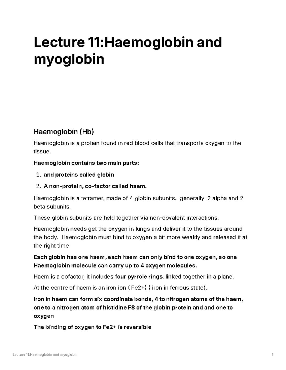 Lecture 11: Haemoglobin and Myoglobin Overview - Studocu
