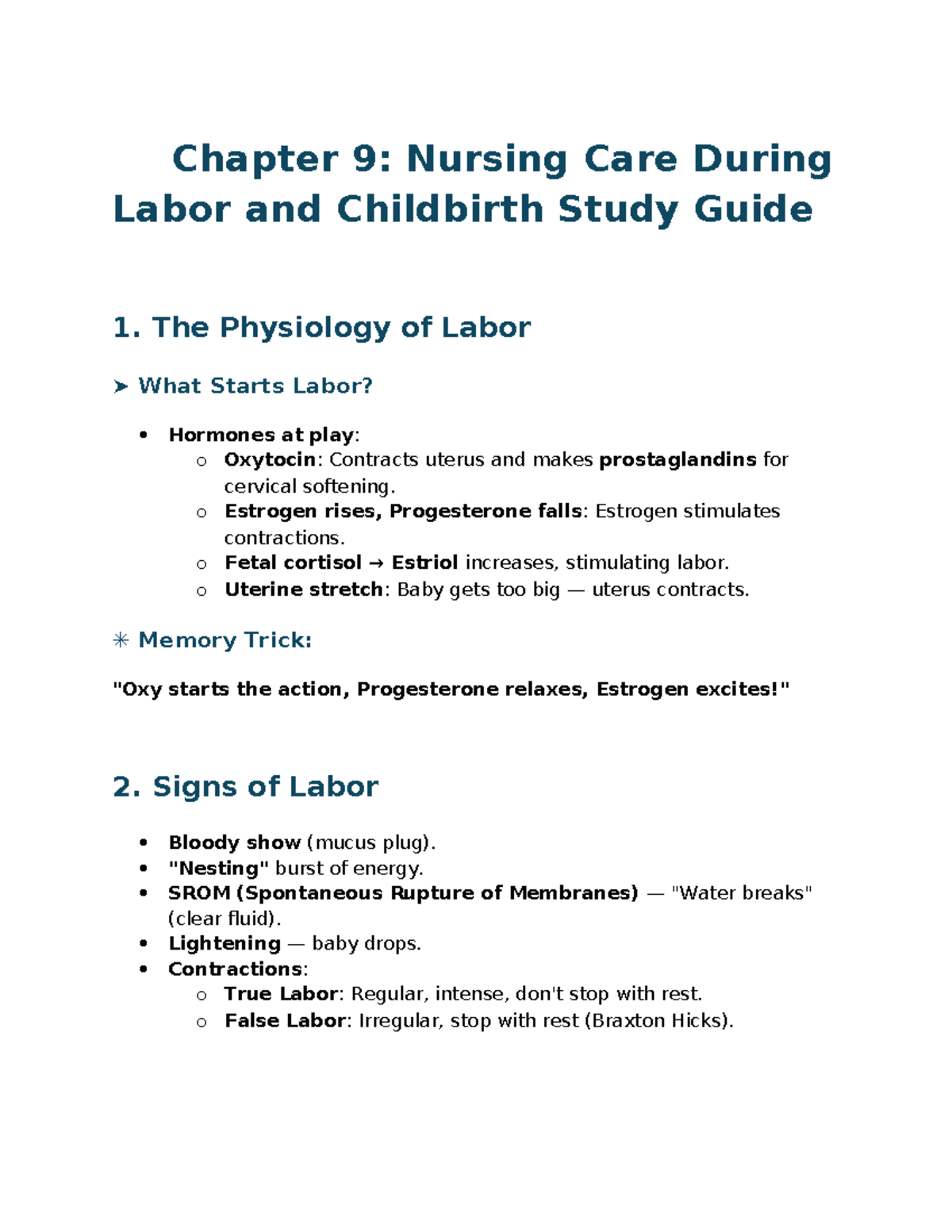Ch 9 OB - Nursing Care During Labor & Childbirth Study Guide - Studocu