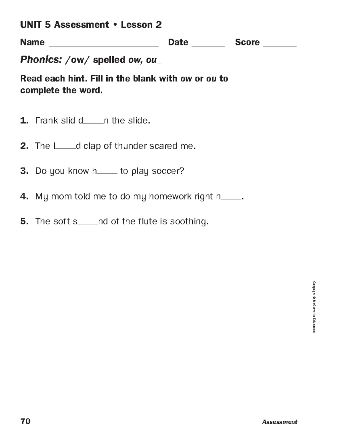 Open Court Unit 5 Lesson 2 Assessment: Phonics 'ow' and 'ou' - Studocu
