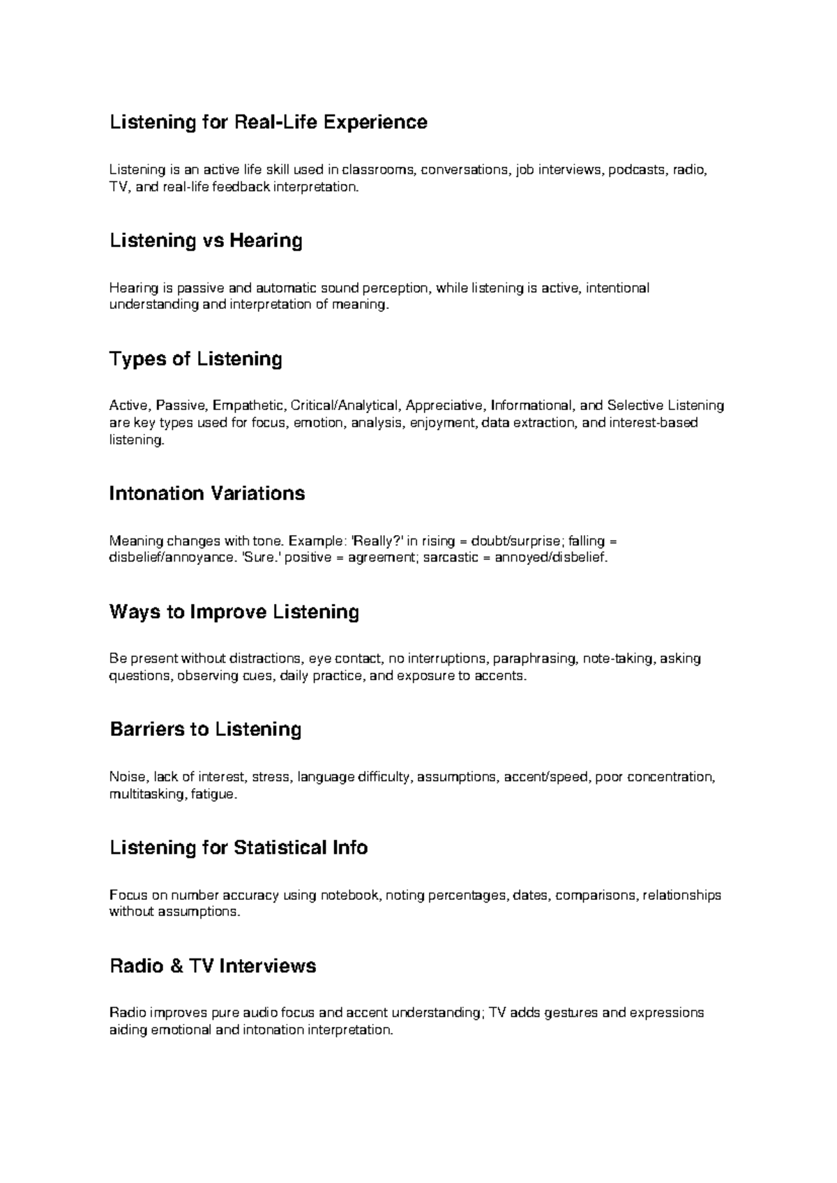 Listening Skills: Active Engagement and Improvement Techniques - Studocu