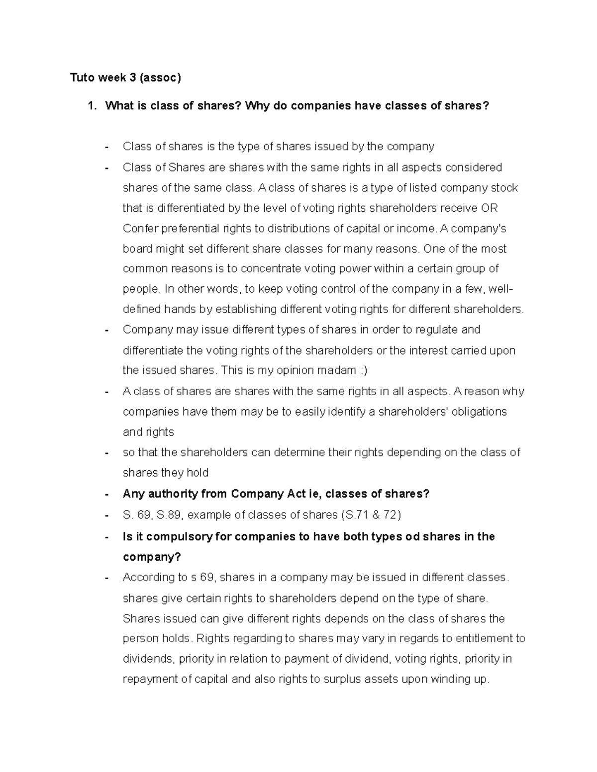 TUTO WEEK 3 - Understanding Classes of Shares and Their Rights - Studocu