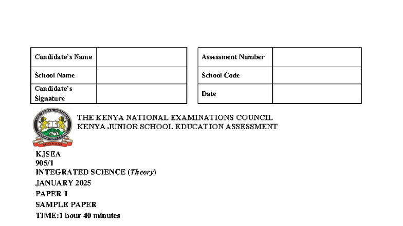 KJSEA Integrated Science Sample Paper 1 - January 2025 - Studocu