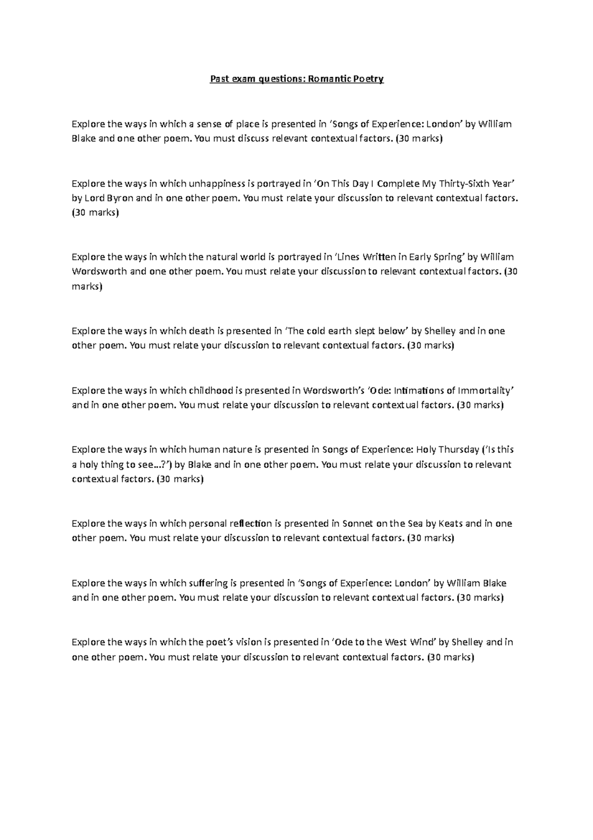 Romantics Past Exam Questions: Key Themes in Romantic Poetry - Studocu