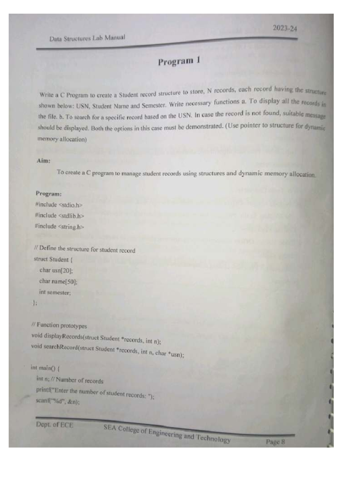 Data Structures Lab Manual: C Programs for Student Records, Stack ...