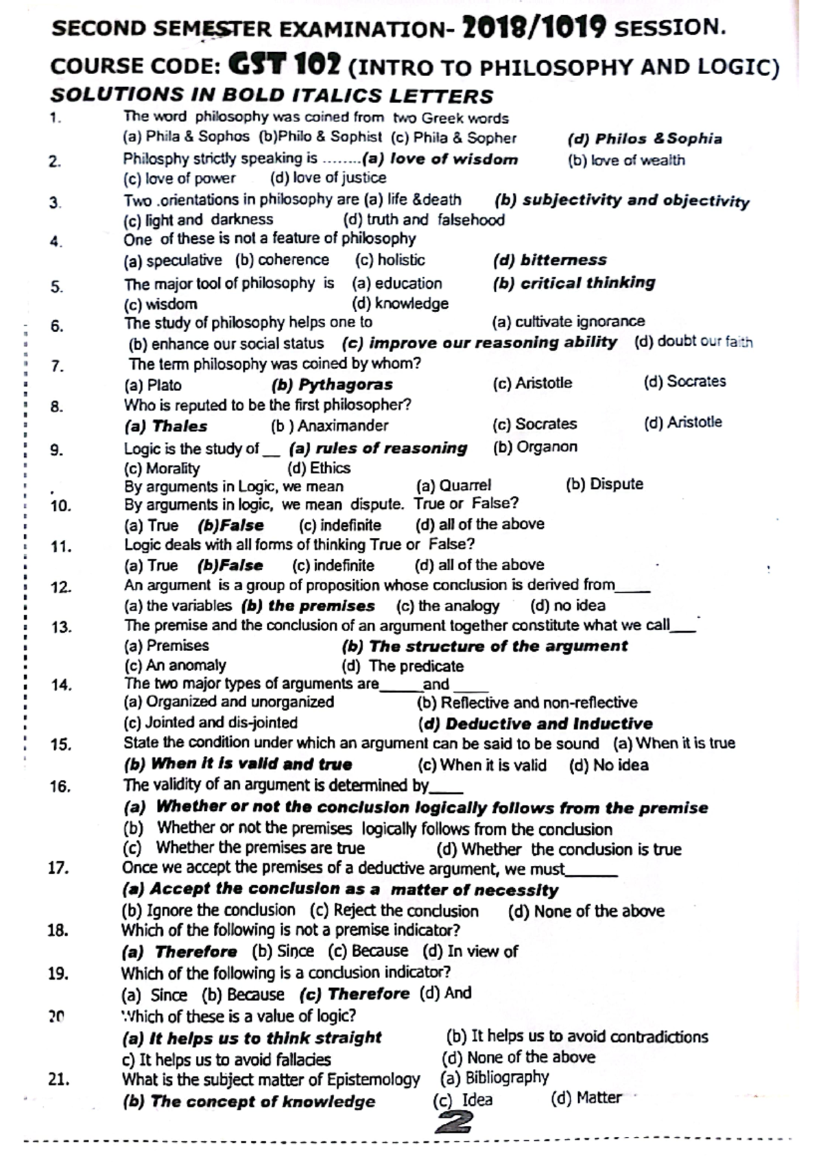 GST 102 - Final Exam Solutions for Introduction to Philosophy and Logic ...