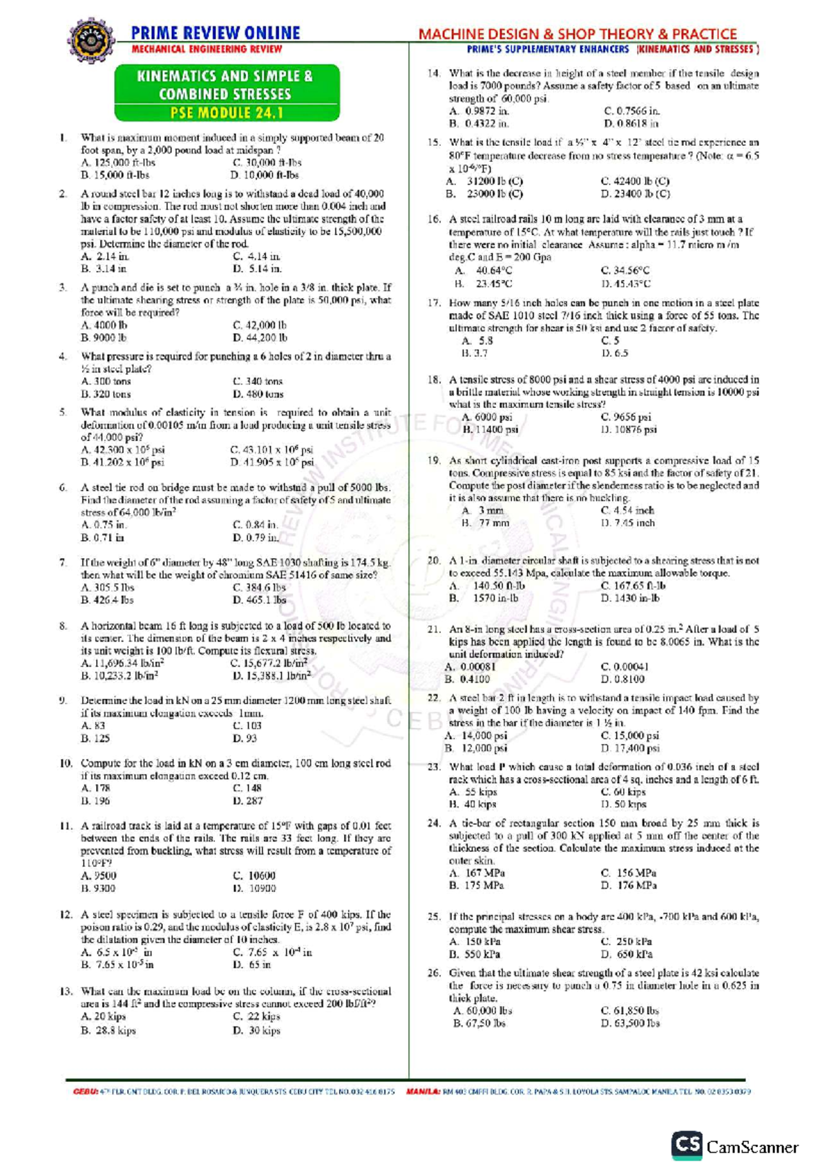 PRIME REVIEW ONLINE MECHANICAL ENGINEERING MACHINE DESIGN PROBLEMS (KINEMATICS & - Studocu