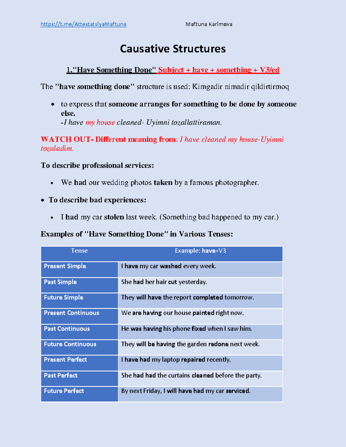 Causative Structures: Practice Materials for English Grammar - Studocu