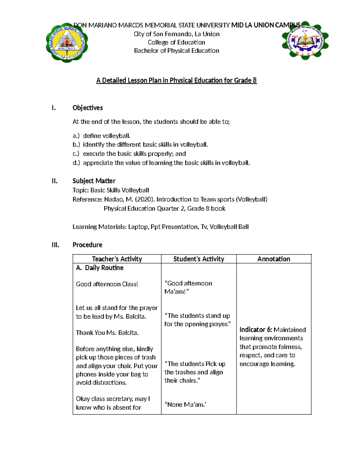 Lesson-Plan-Volleyball- City of San Fernando, La Union College of ...