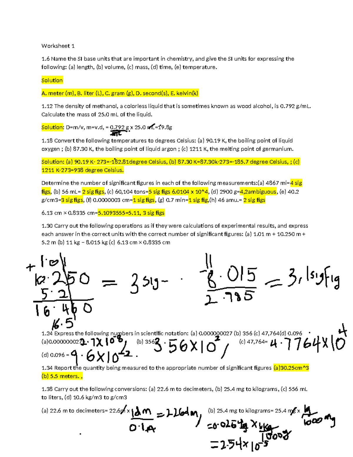 Worksheet 1 - SI Units and Significant Figures in Chemistry - Studocu