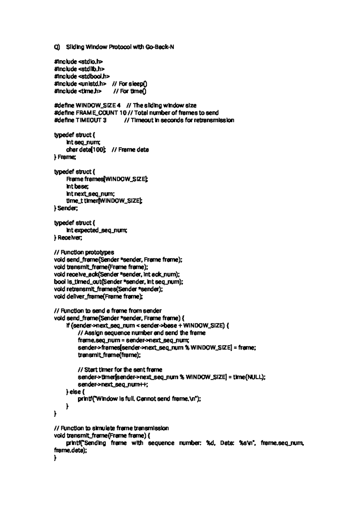 Sliding Window Protocol Implementation in C: CN Lab Manual - Studocu