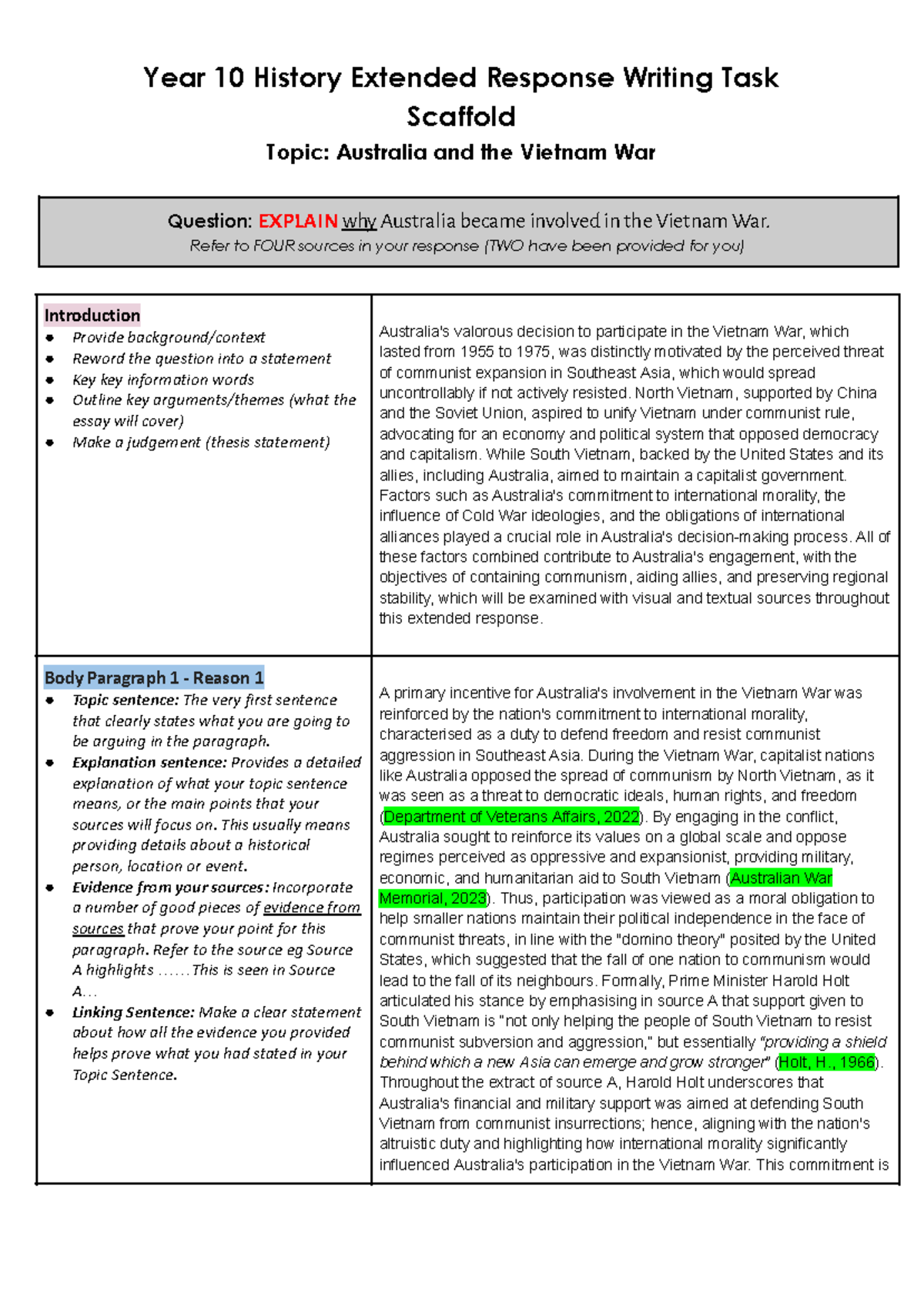 Year 10 History HT510 - Vietnam War Extended Response Scaffold - Studocu