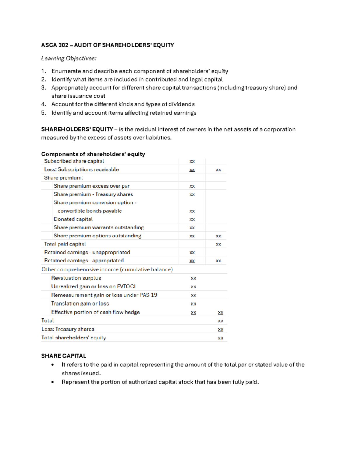 ASCA 302 Lesson 2: Audit of Shareholders' Equity Concepts - Studocu
