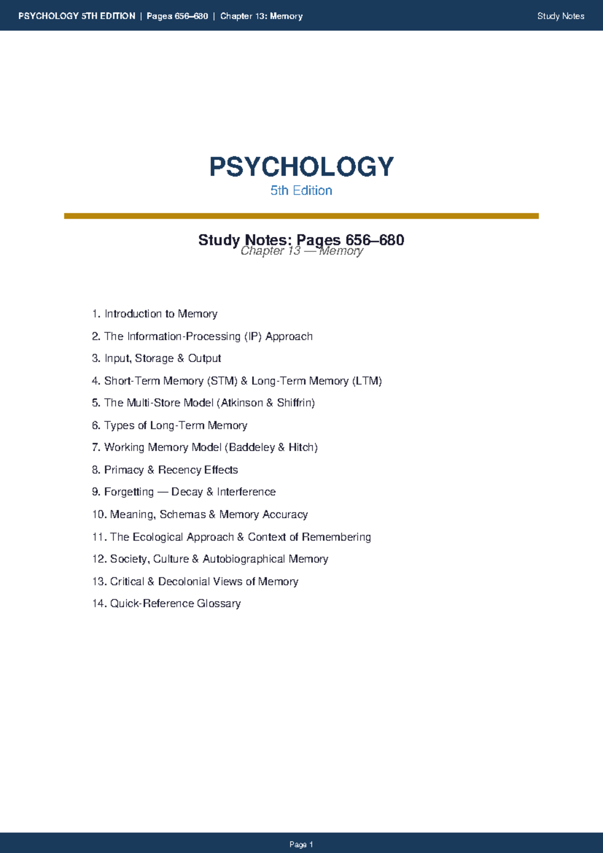 PSYCHOLOGY 5TH EDITION Chapter 13: Memory Study Notes - Studocu
