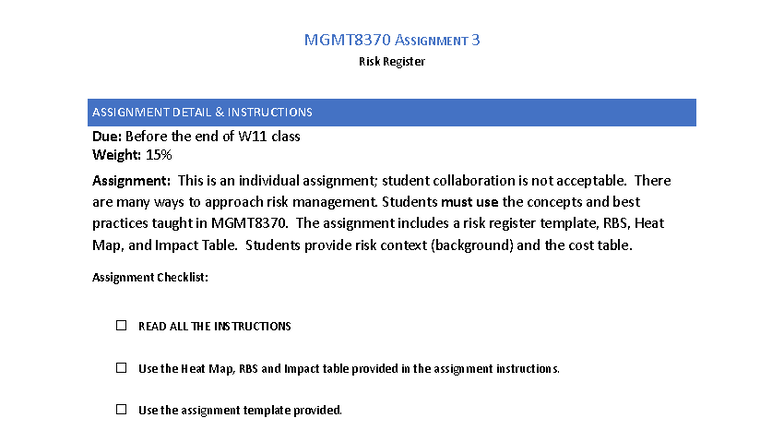 MGMT8370 Assignment 3: Risk Register & Project Context Instructions - Studocu
