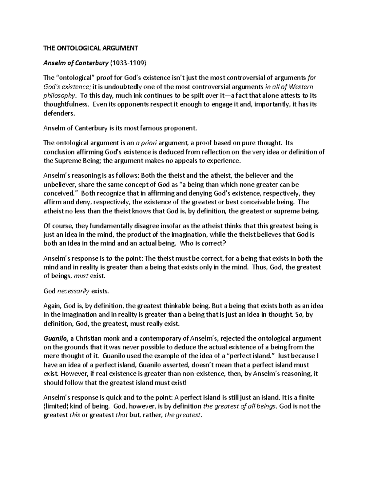 Ontological Argument: Anselm's Proof for God's Existence - Studocu