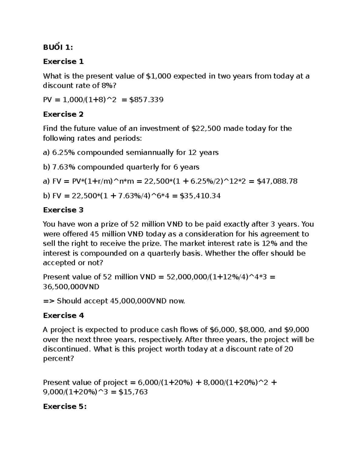 BUỔI 1 - Practice Exercises on Present and Future Value Calculations ...