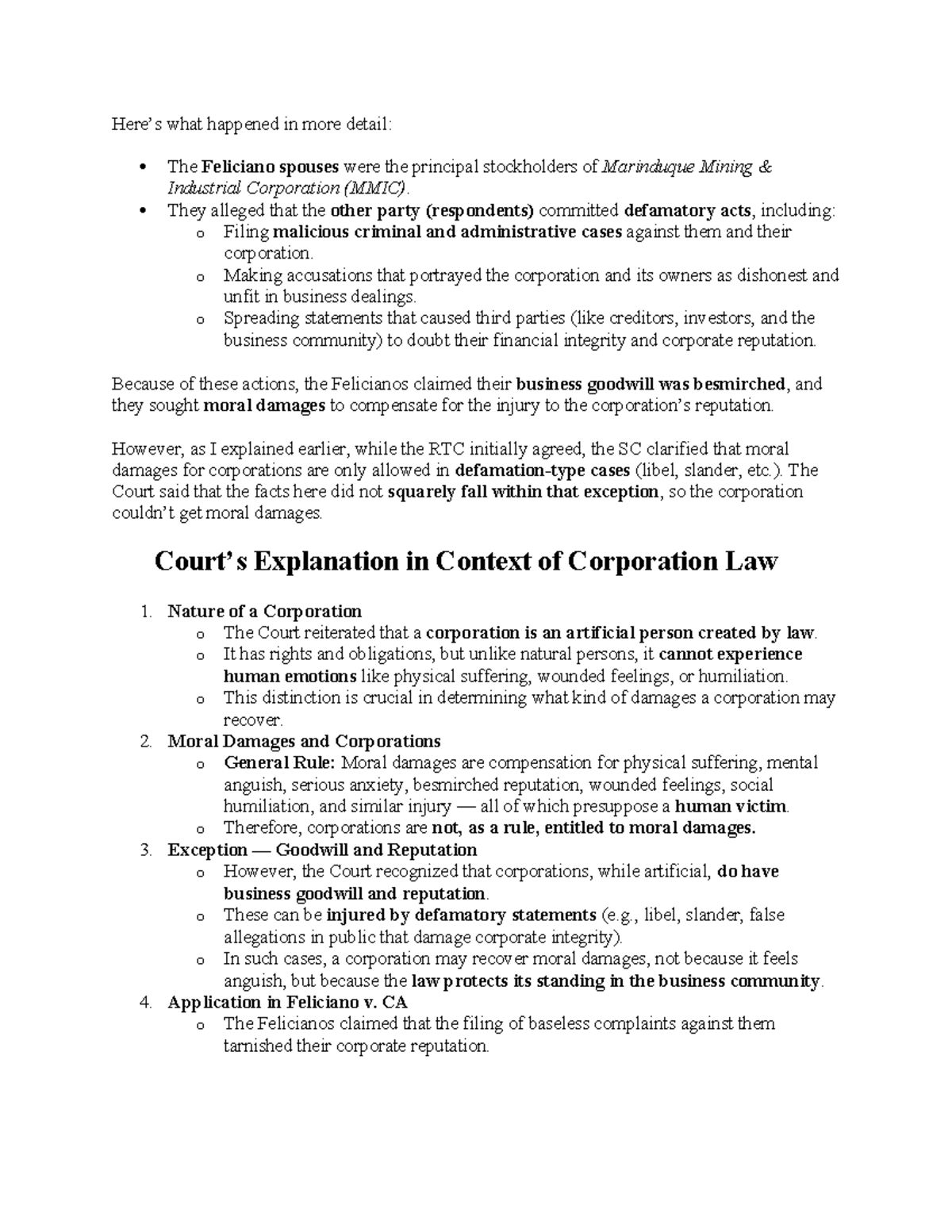 Feliciano v. CA: Understanding Moral Damages in Corp Law - Studocu