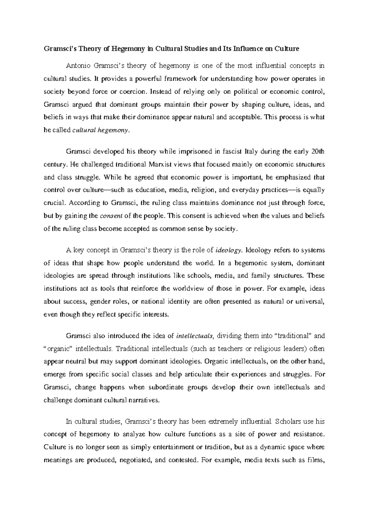 Cultural Studies: Gramsci's Theory of Hegemony Explained - Studocu