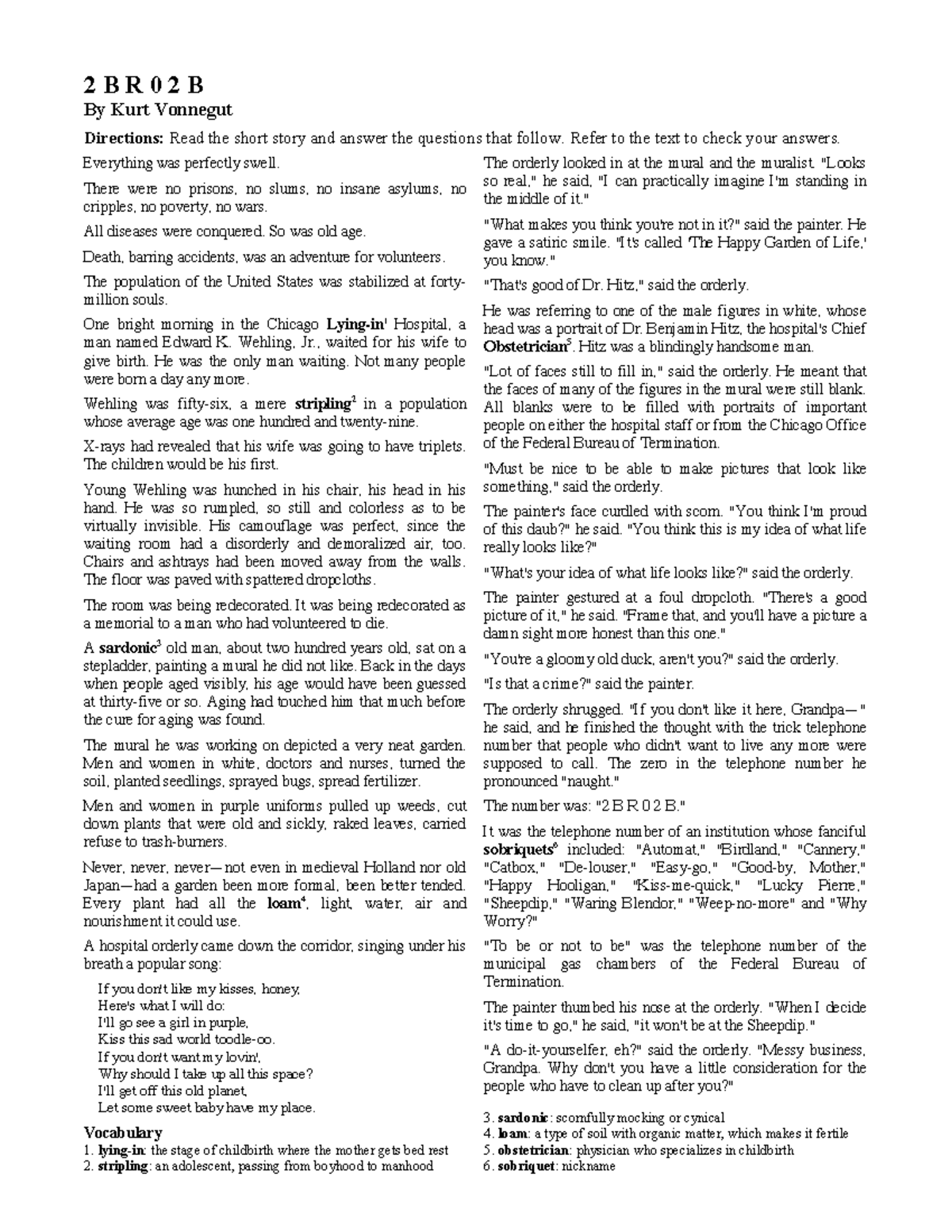 2BR02B English Short Story Analysis & Quiz on "2 B R 0 2 B" - Studeersnel