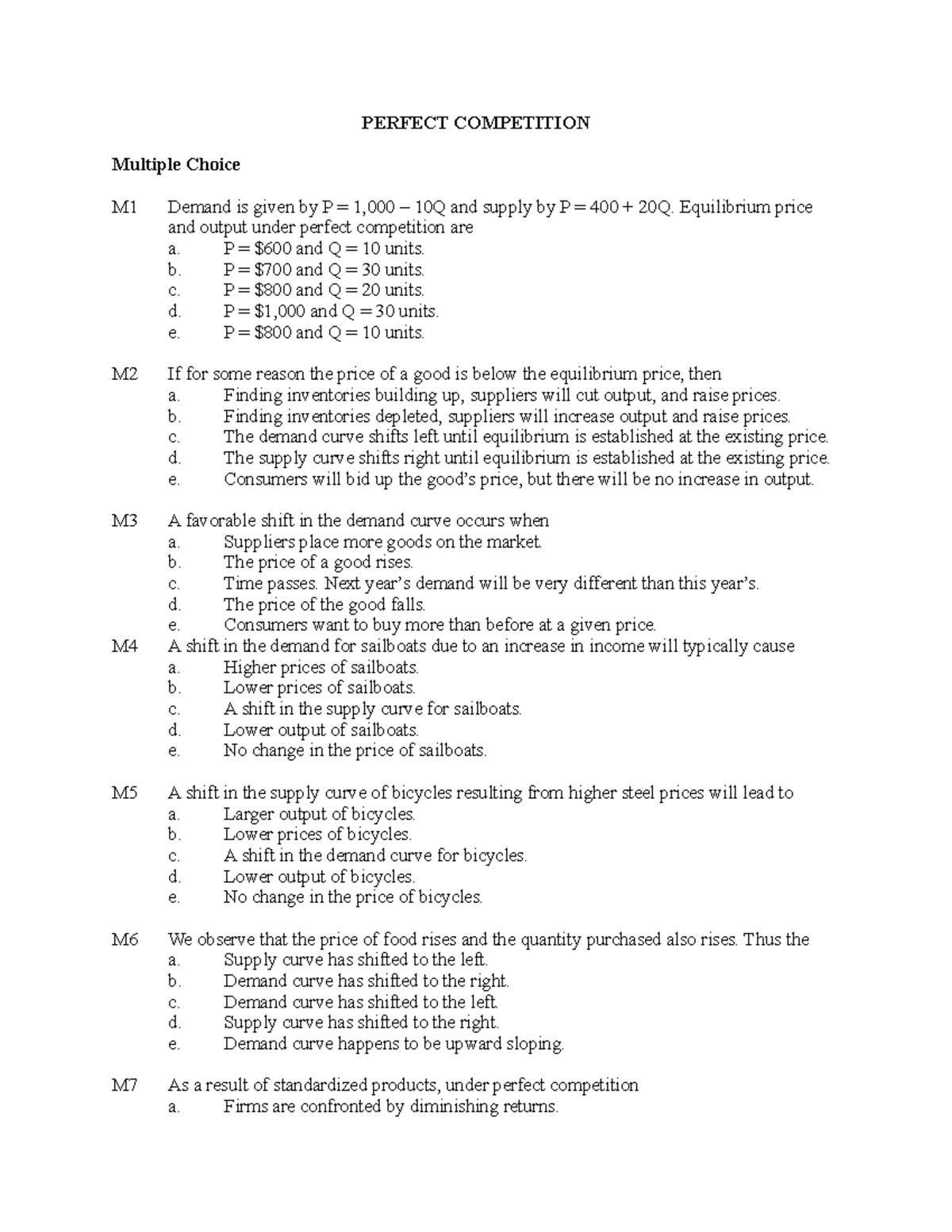 Perfect Competition - Assignment 5: MCQs & Short Problems Analysis - Studocu