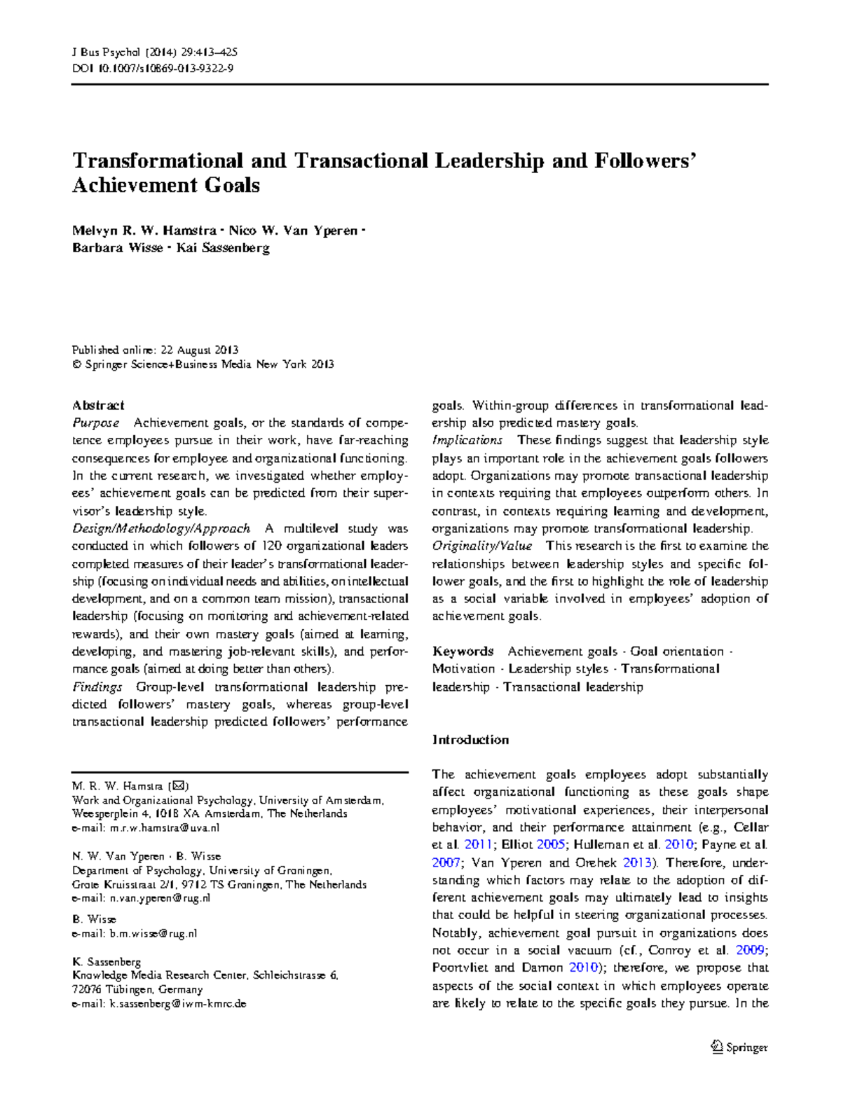 Transformational vs. Transactional Leadership: Impact on Achievement Goals - Studocu