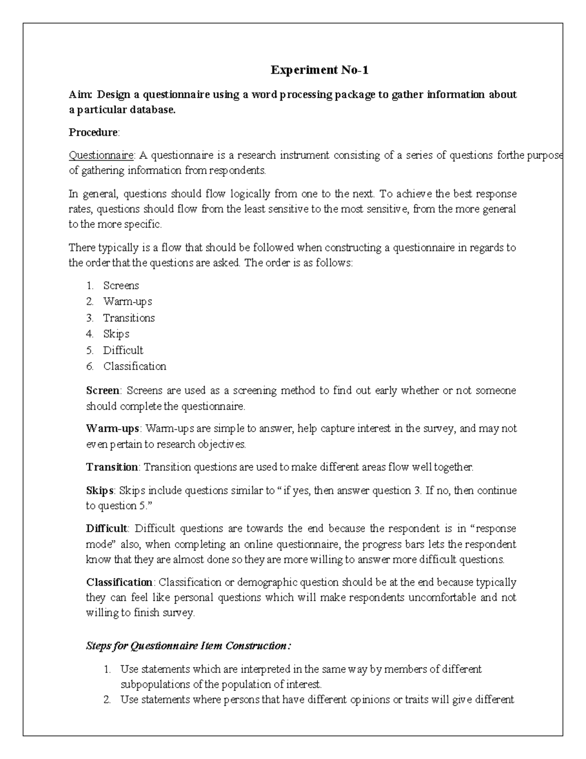 Computer Lab 1-4: Design & Creation of Questionnaires in Word - Studocu