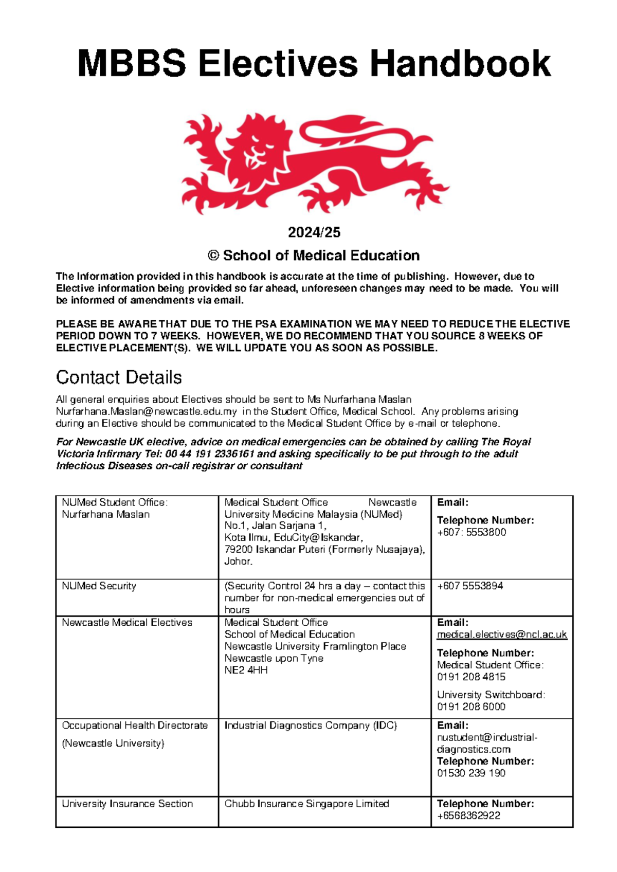 MBBS Numed Electives Handbook 2024-2025: A Guide to Successful Placements - Studocu