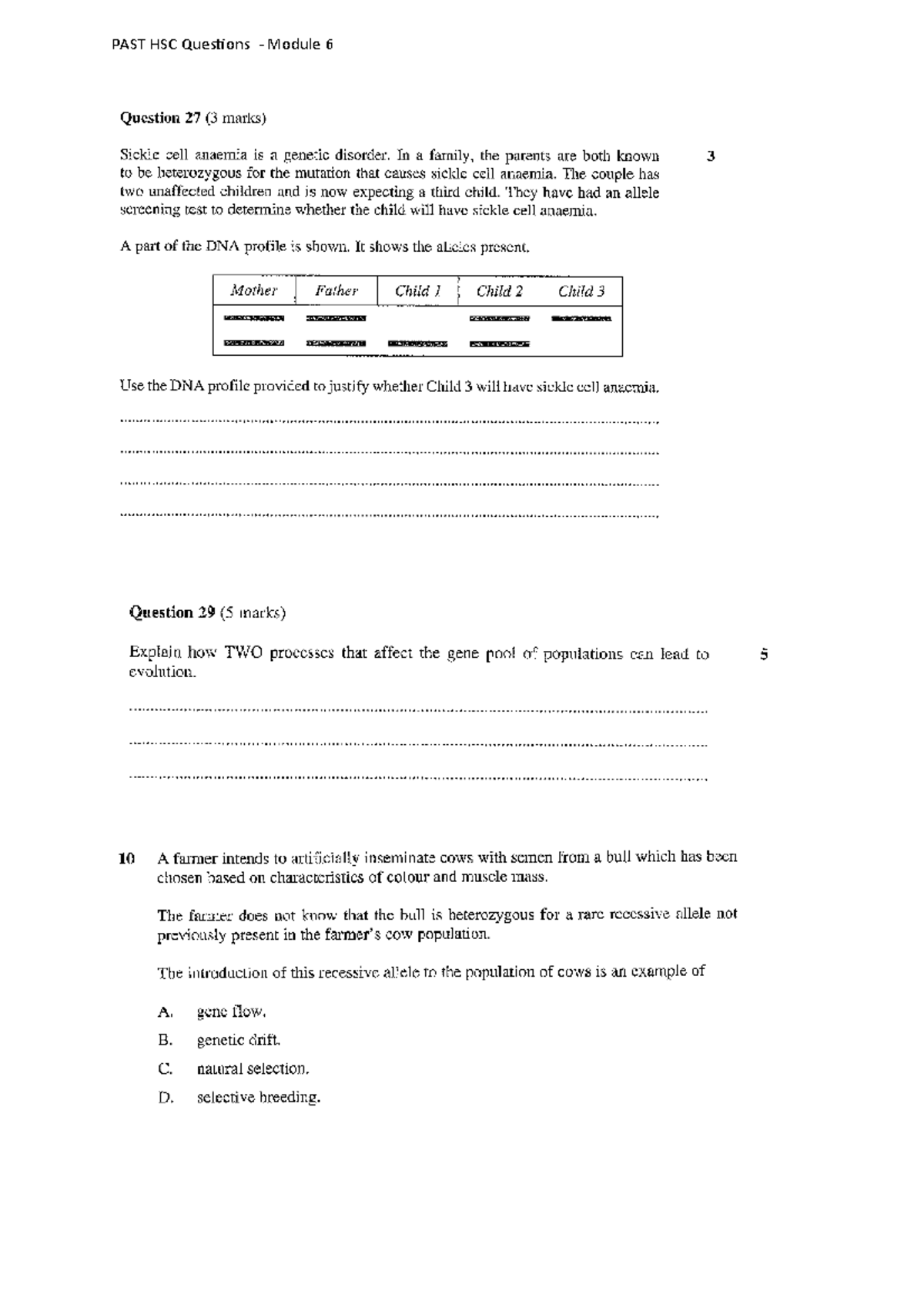 For student PAST HSC Questions - DNA profiling, sequencing, gene flow ...