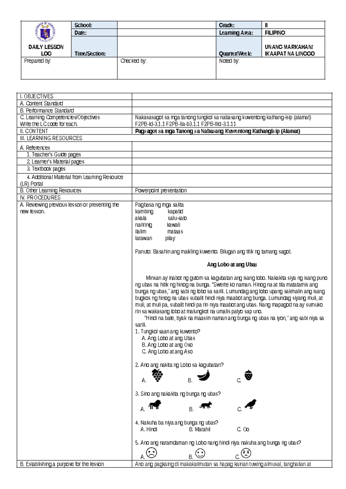 Q1- Filipino-WEEK 4 - This is a sample Lesson Plan in Filipino 2 ...