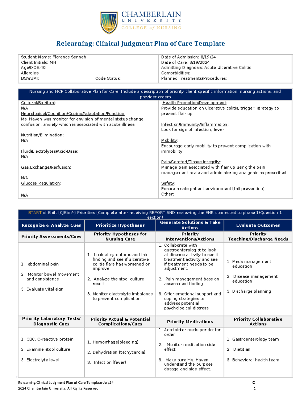 MH, Relearning Clinical Judgment Plan of Care Template July24 - Student ...