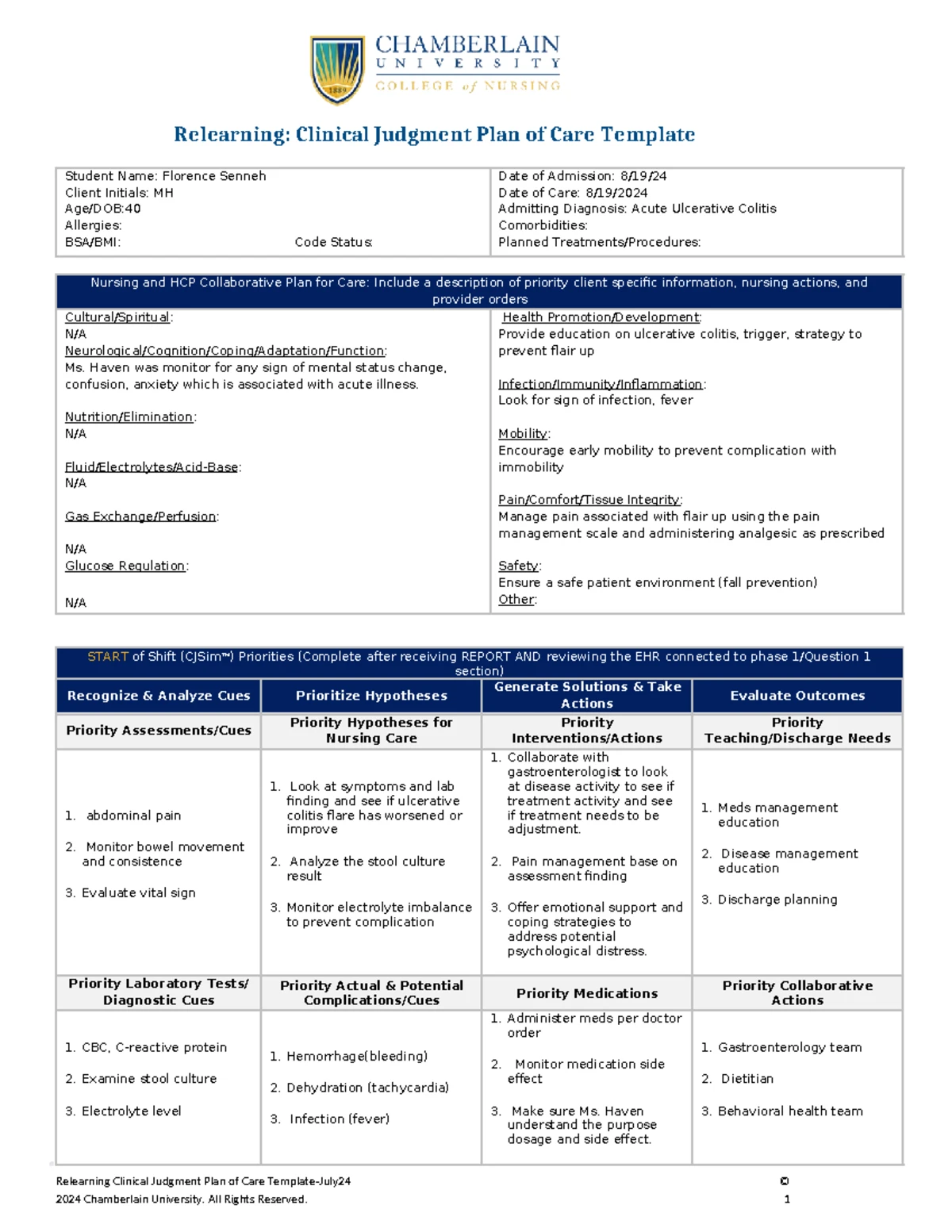 NR304 - Comprehensive Clinical Judgment Plan of Care Template 2023 ...