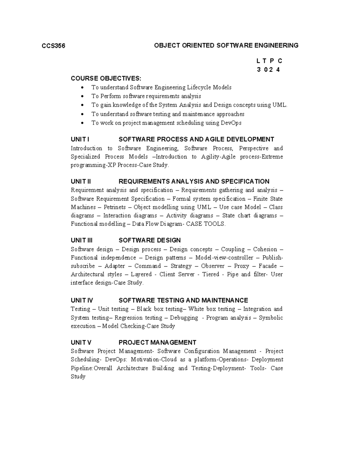 CCS356 OOSE Syllabus: Software Engineering Lifecycle & Concepts - Studocu