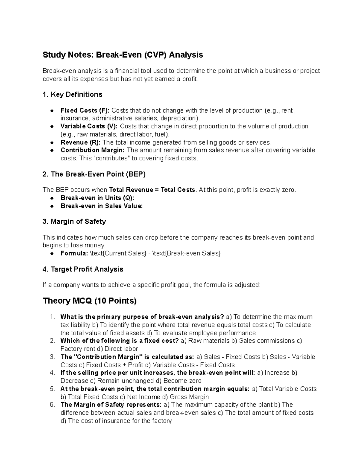CVP Analysis Study Notes: Understanding BEP and Key Concepts - Studocu